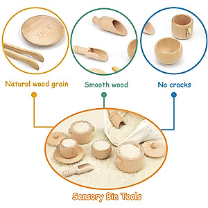 Wooden Sensory Bin Tools Montessori Toys for Toddlers 3+, Pretend Play Dish Toys Wooden Bowls Scoop Tongs Transfer Work Pouring Set, Kids Fine Motor Skills Development