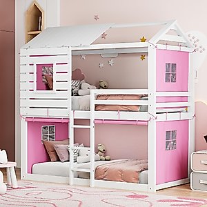 Merax Twin Over Twin Bunk Bed with Tent, Wood Twin Size House Bed Frame, Pink+White