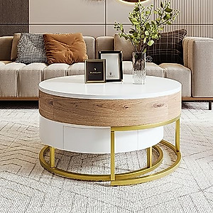 Merax Round Lift-Top Nesting Coffee Table Set of 2,with Storage 2 Drawers,Perfect for Living Room Small Space Apartment, White/Natural