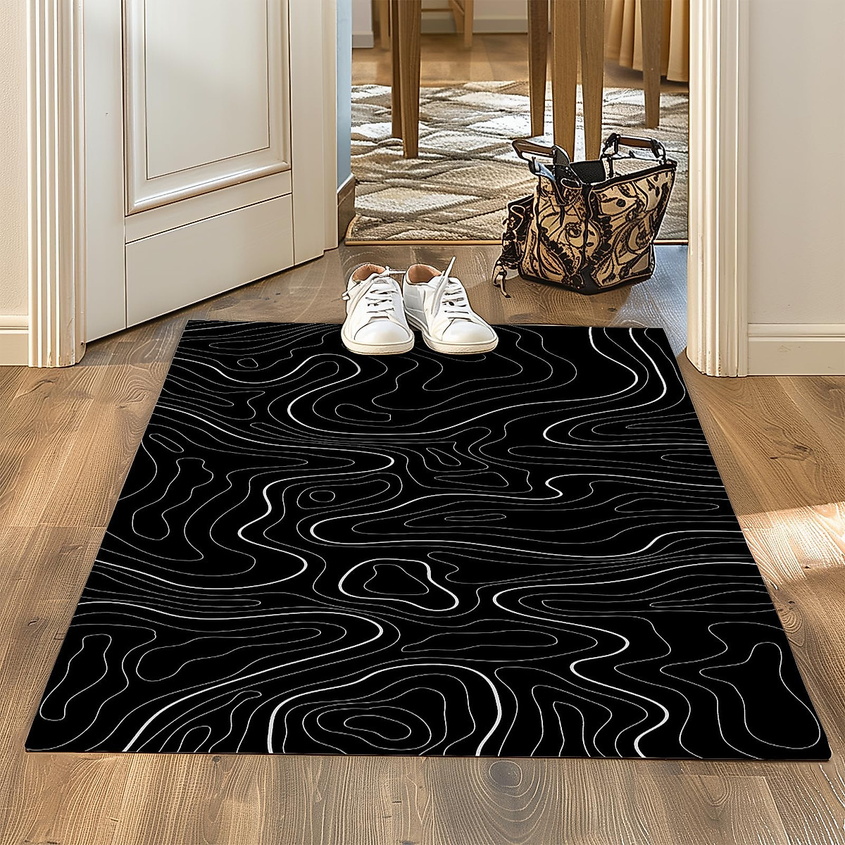 Entryway Rugs Black Topographic Map Non-Slip Washable Indoor Door Mat 2x3 Faux Wool Non-Slip Washable Low-Pile Floor Carpet for Indoor Front Entrance Kitchen Bathroom