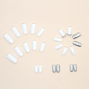 Square White Press on Nails Medium Fake Nails with Silvery Glitter Designs Glossy Full Cover Acrylic False Nails with Rhinestones Designs Reusable Glue on Nails for Women 24PCS