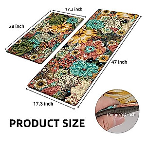 Boho Floral Kitchen Rug Set of 2 Colorful Flowers Anti Fatigue Non-Slip Kitchen Floor Mats Comfort Standing Bohemian Mat Waterproof Farmhouse Sink Laundry PVC Carpet(17.3 x 28 Inch+17.3 x 47 Inch)