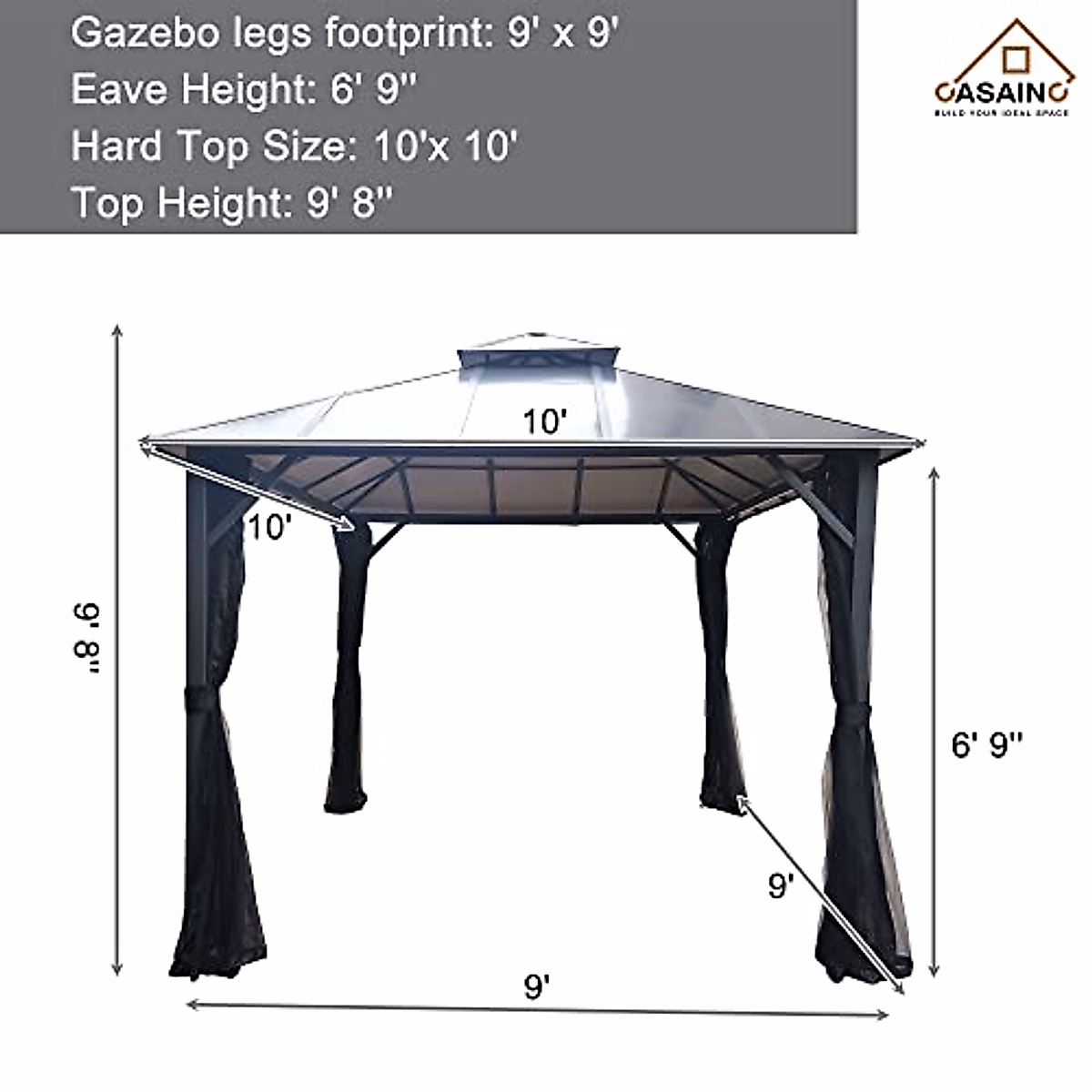 CASAINC Hardtop Gazebo 10x10 FT, Hardtop Gazebos with Double Roof, Aluminum Frame Permanent Outdoor Canopy, Patio Gazebo with Mosquito Netting for Patio Lawn Garden