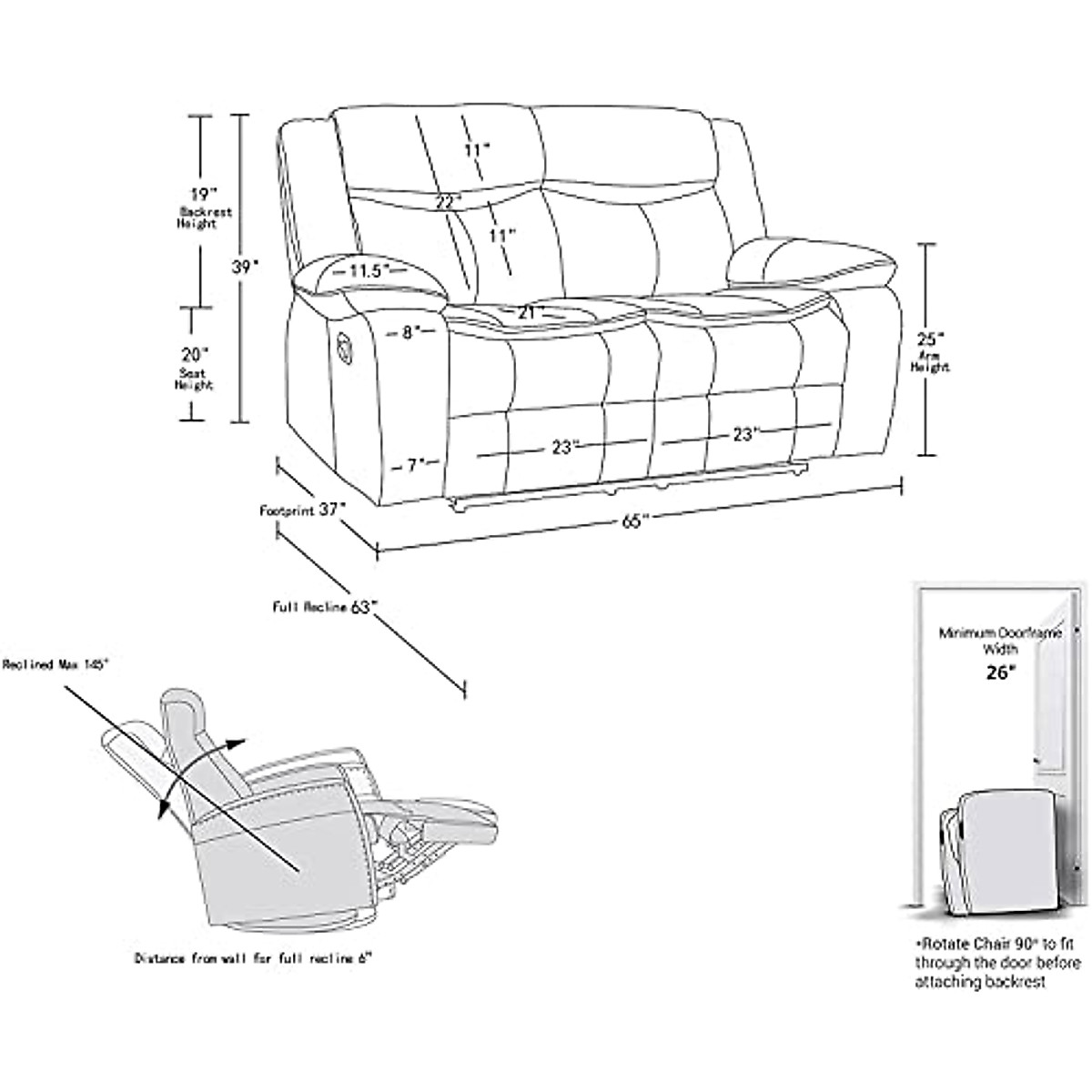Blackjack Furniture Marsden Modern Leather Air Reclining Living Room Loveseat, Gray