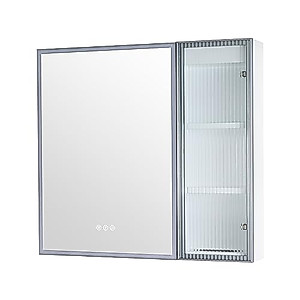 WELLFOR 30 X 28 Inch LED Lighted Bathroom Medicine Cabinet with Mirror, Bathroom Vanity Mirror Cabinet with Dimmable Lights and Defogger, 3 Solid Wood Shelves, Ample Storage Space, Quiet Closing Door