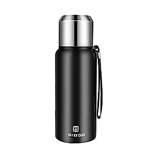 Insulated vacuum Thermo Bottle 16.9oz with cup lid Leakproof stainless water flask for coffee hot and cold drink.(Black,500ml)