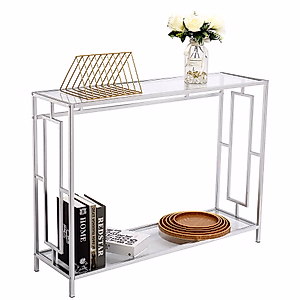 SSLine Toughened Glass Console Table,Clear Glass Accent Console Sofa Table,Entry Tables with Shelf for Hallway, Sofa Living Room,Narrow Spaces