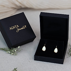 14K Yellow Gold 7X10mm White Opal Teardrop Gemstone Drop Earrings, October Birthstone, Dainty Opal Gemstones Earrings, Bridal Handmade Wedding Jewelry Gift for Brides