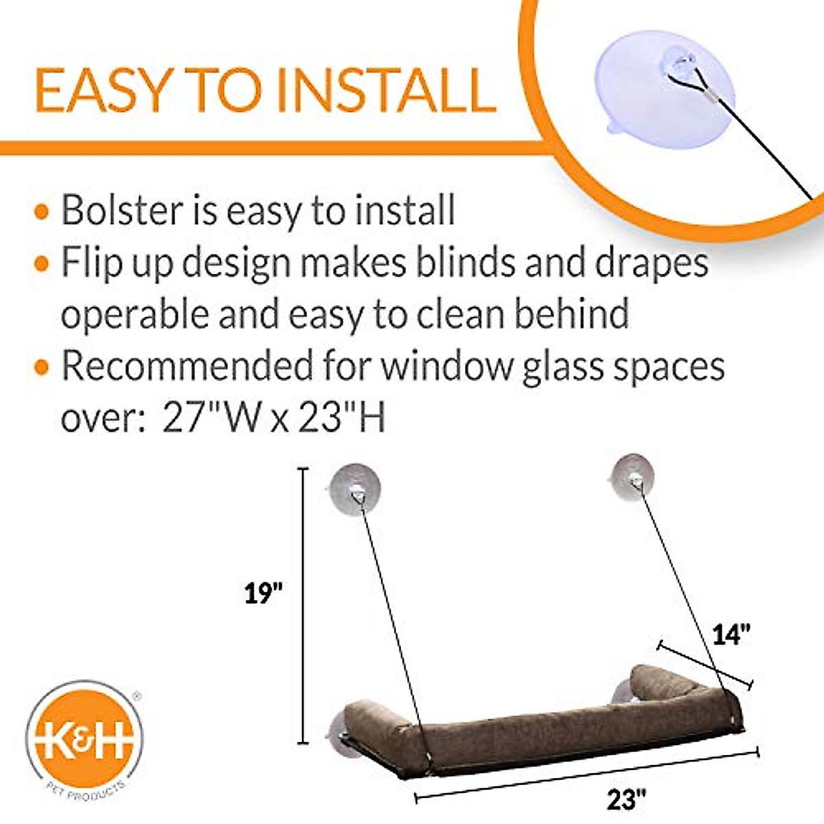 K&H PET PRODUCTS EZ Mount Kitty Sill Deluxe with Bolster Window Sill Cat Bed, Cat Window Hammock, Sturdy Cat Window Perch, Cat Window Bed Cat Furniture, Cat Hammock for Window Cat Perch - Chocolate