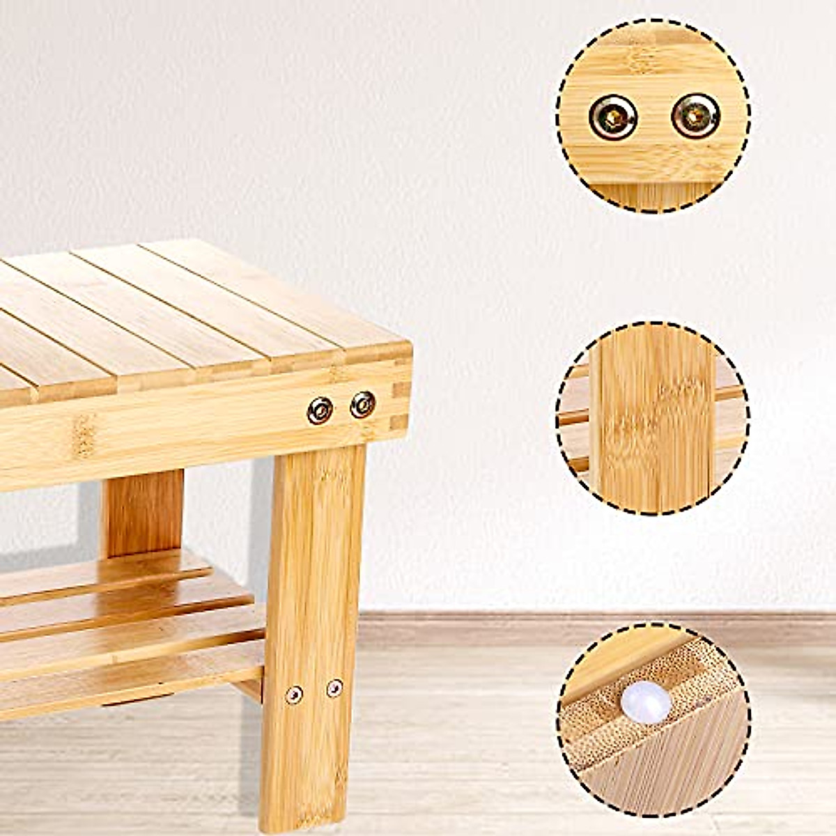 Lawei Bamboo Step Stool, Bamboo Foot Rest Stool Bamboo Shower Bench Stool with Storage Shelf for Kids Children Adult, Works in Bathroom Living Room Bedroom Garden