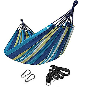 SONGMICS Double Hammock, 98.4 x 59.1 Inches, 660 lb Load Capacity, with Hanging Straps, Carabiners, Carry Bag, for Garden, Outdoor, Camping, Blue and Yellow Stripes UGDC15YU
