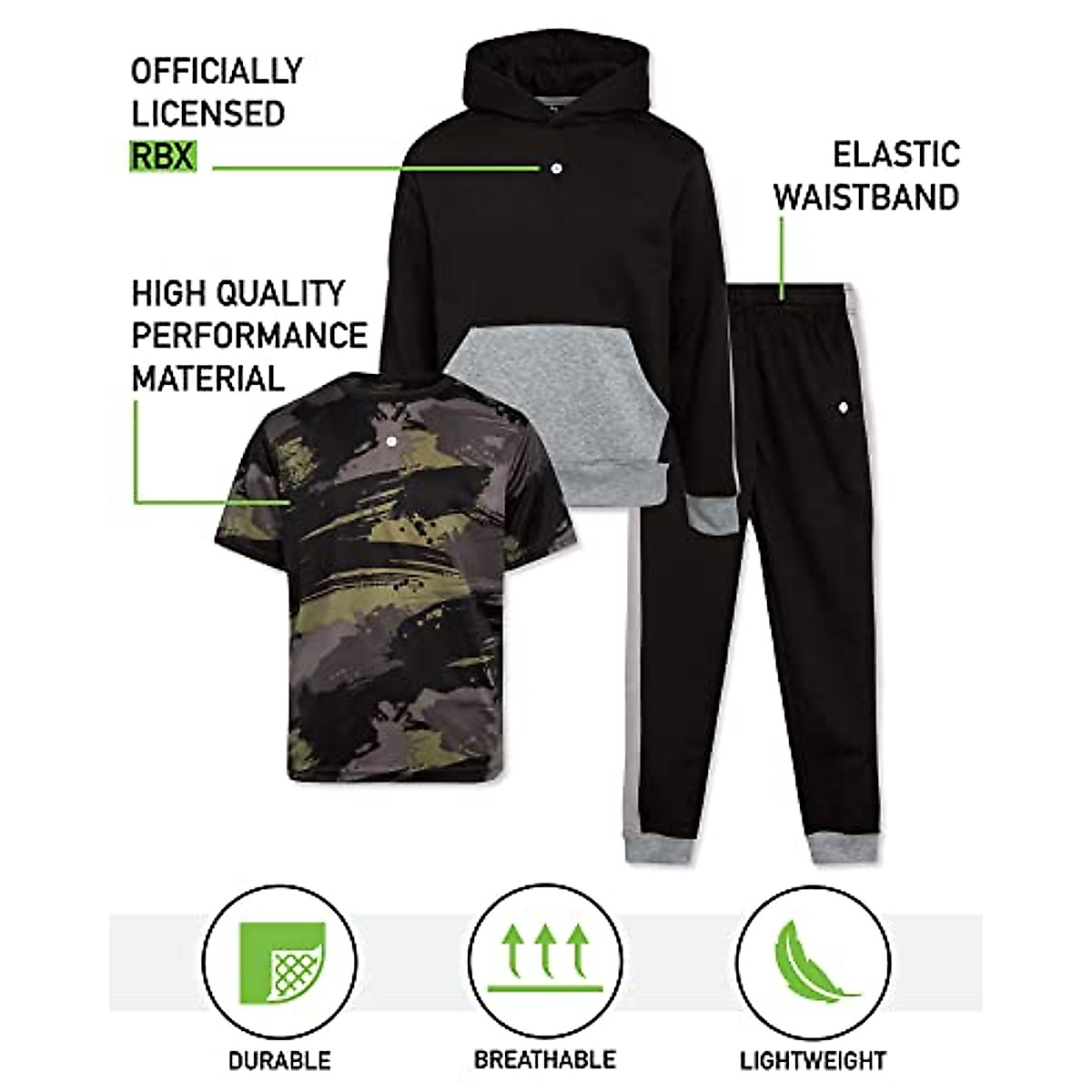 RBX Boys' Active Sweatsuit Set - 3 Piece Fleece Zip Up Hoodie, Athletic T-Shirt, and Jogger Sweatpants for Boys (Sizes: 8-12), Size 10, Black