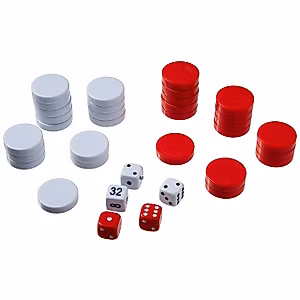 Backgammon Checkers Set 1 1/4" | Red and White | Also Includes Four Dice and Doubling Cube | for Supplement or Replacement of Lost Checkers/Stones/Game Pieces