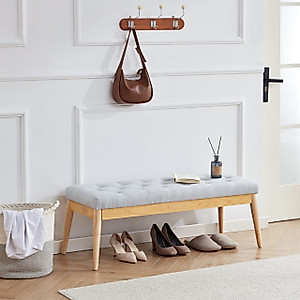 Kingfun Extra-Long Upholstered Tufted Bed Bench Seat for Bedroom, Entryway Wood Bench with Sturdy Wooden Legs, Buttoned Vanity Rectangle Dining Bench (Grey)