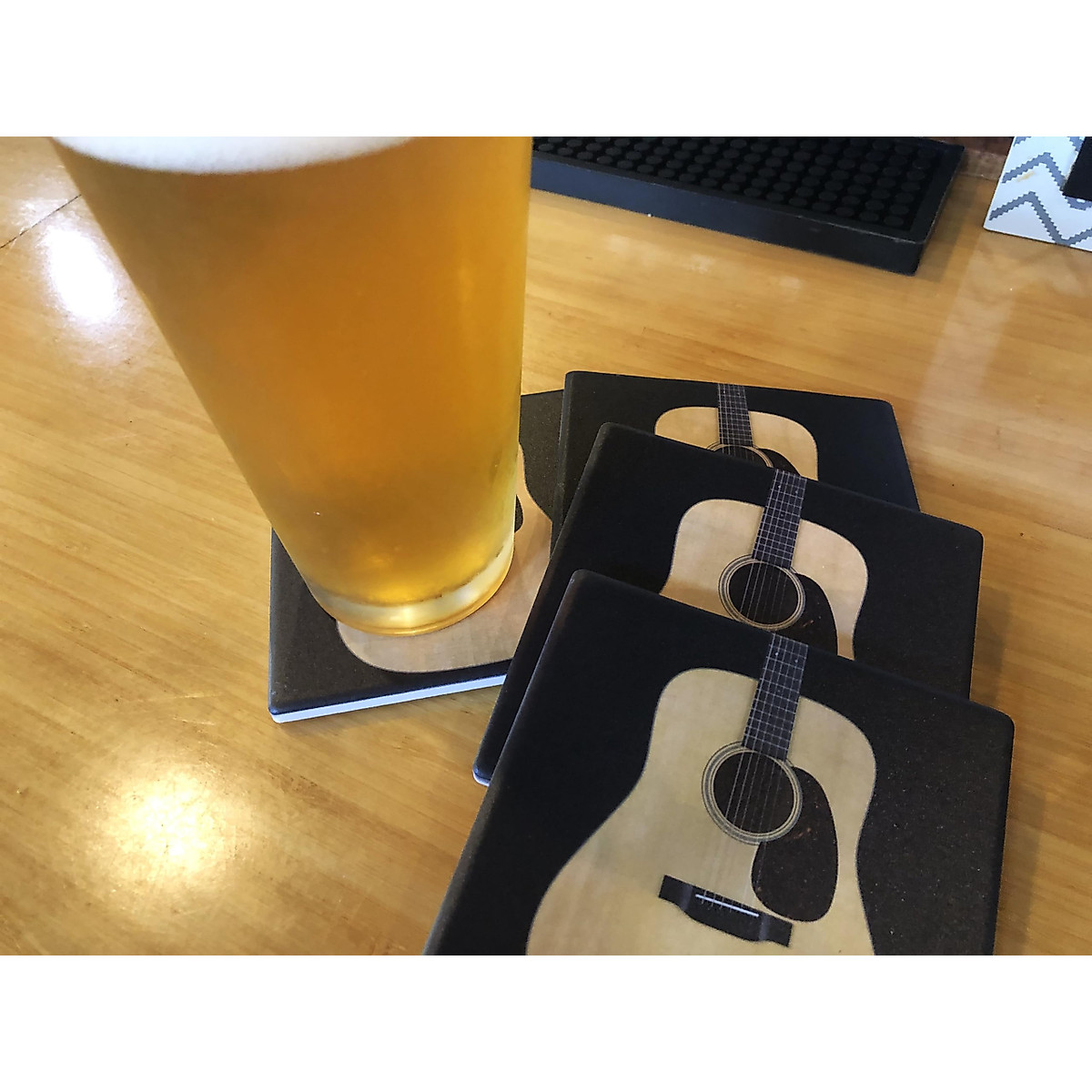 Guitar Ink – Dreadnought Acoustic Guitar Ceramic Drink Coaster Set 4 Pack - Square 4 1/4" Ceramic with Cork Bottom Gift