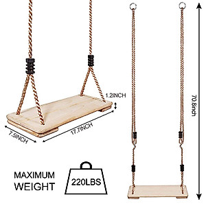 Wooden Tree Swing Set, Wooden Swing Seat with 2 Carabiners, 2 Strengthen Straps and Adjustable Rope for Kids Indoor Outdoor, 17.7'' x 7.5'' x 1.2''