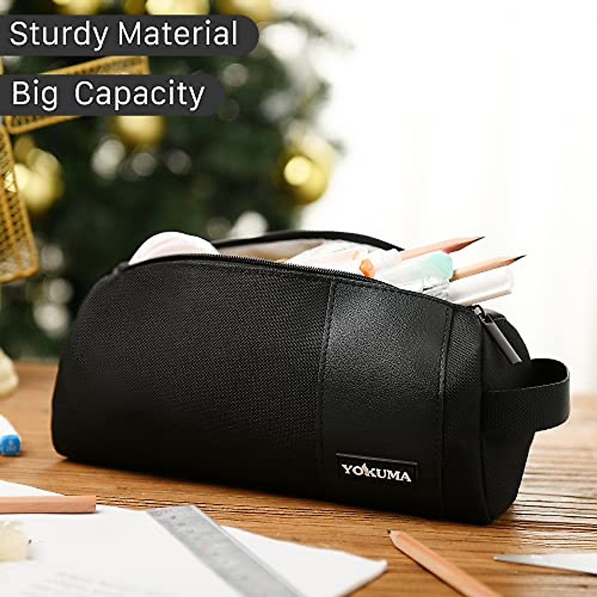 YOKUMA Pencil Case Bag Pouch for Adults Big Capacity Aesthetic Pen Case Office Supplies for College Stationery Organizer (Black)