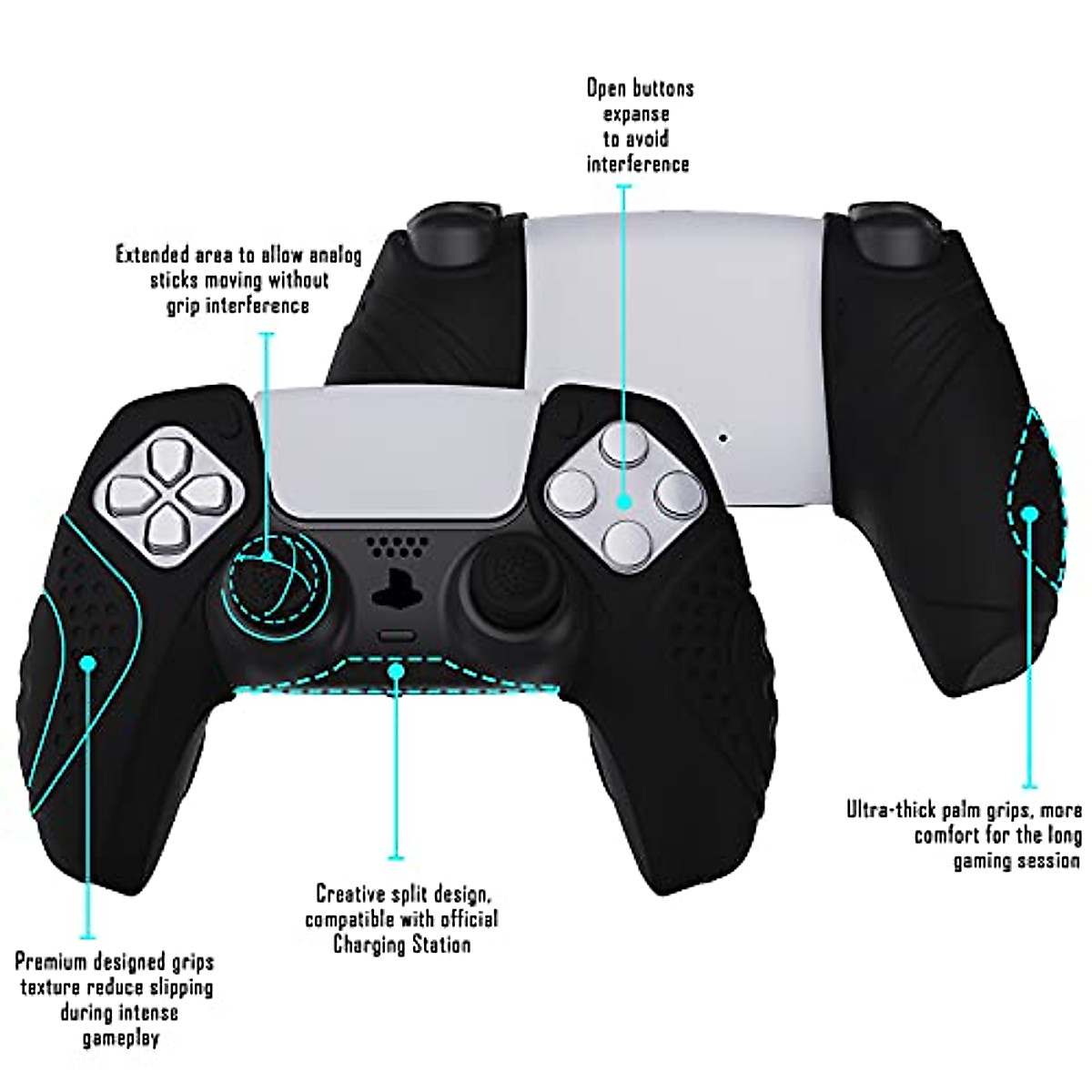 PlayVital Guardian Edition Ergonomic Soft Controller Silicone Case Grips for ps5 Compatible with Charging Station Rubber Protector Skins with Thumbstick Caps for ps5 Controller - Black