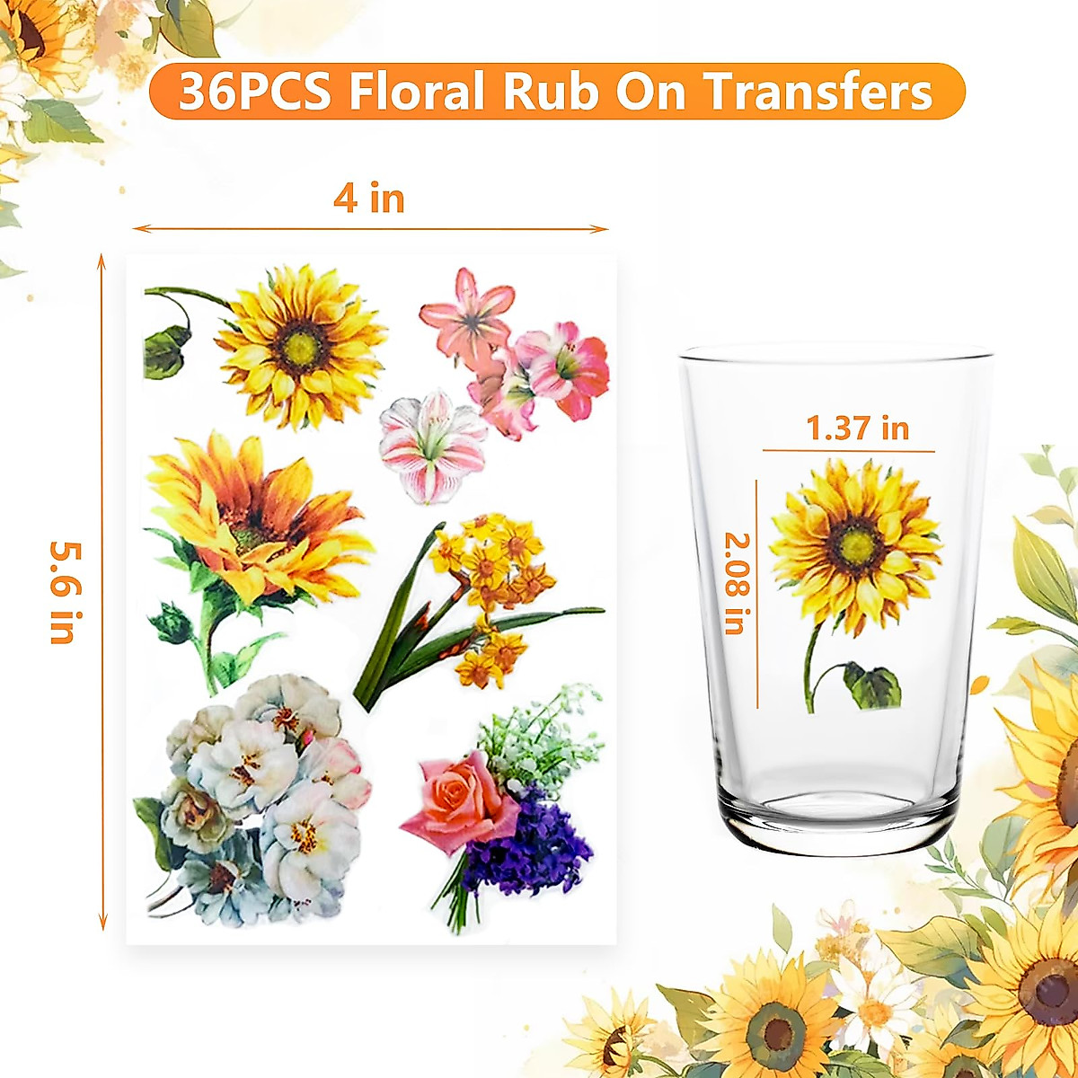 6 Sheets Floral Rub On Transfers for Crafts, 5.5 x 4 Inch Rub On Transfers Stickers, Flower Rub-On Transfers Decals for DIY Wood Paper Water Bottle