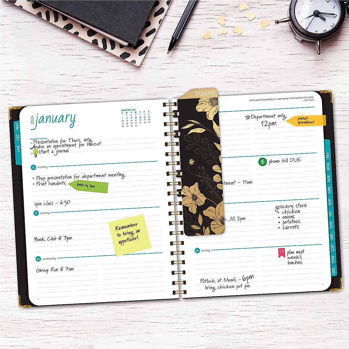 HARDCOVER 2024 Planner: (November 2023 Through December 2024) 8.5"x11" Daily Weekly Monthly Planner Yearly Agenda. Bookmark, Pocket Folder and Sticky Note Set (Golden Floral)