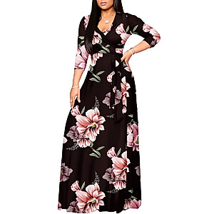 AOMONI Women's Maxi Floral Print Casual 3/4 Sleeve V-Neck Wrap Tie Waist Long Dress Pink Large