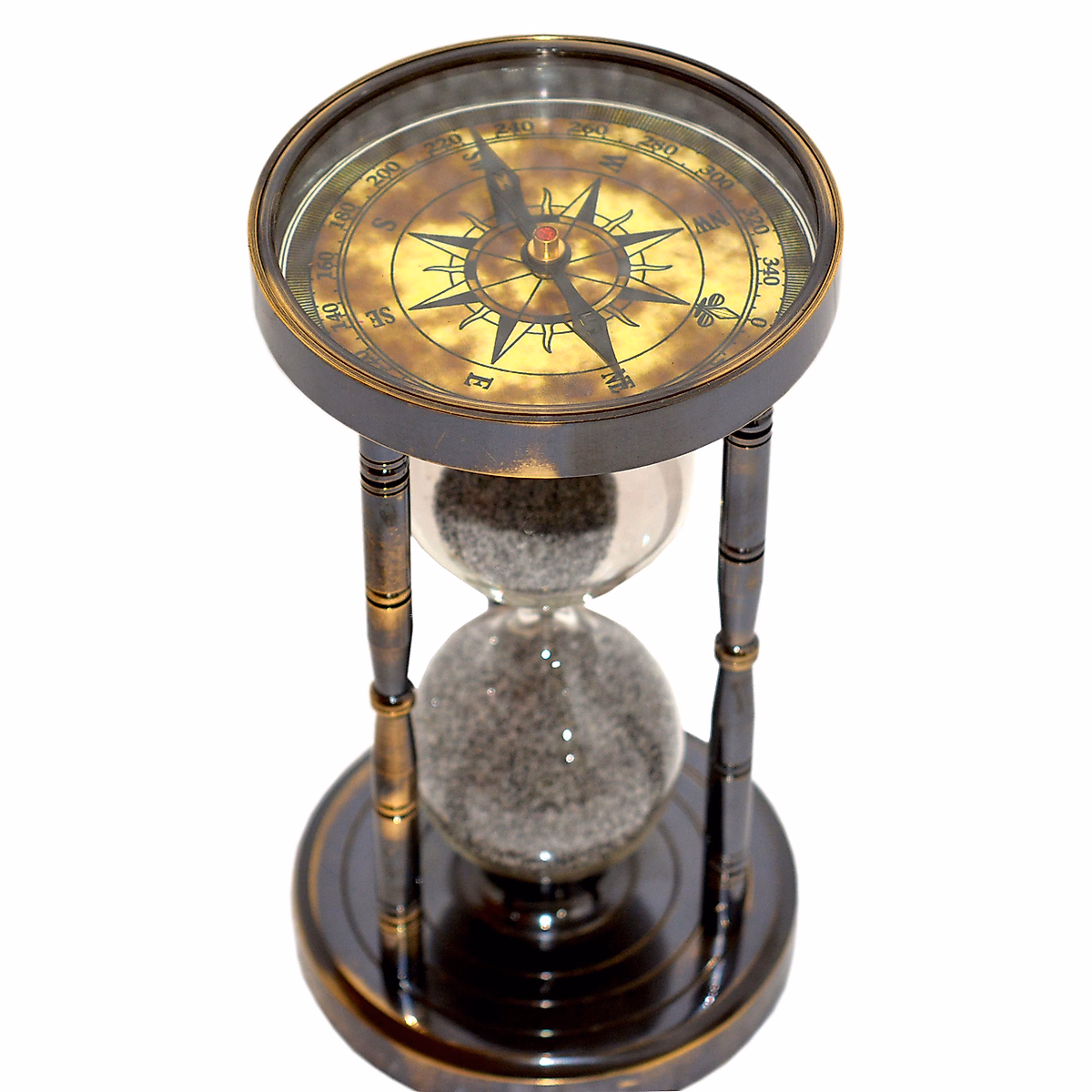 Hassanhandicrafts Antique Brass & Glass Black Sand Timer Hourglass Nautical Maritime SandTimer Compass on Both Side CompassCollectible, Shelf Desk Decor