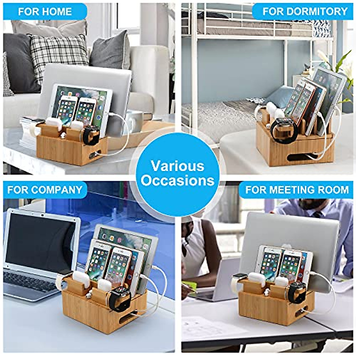 Bamboo Charging Station Organizer for Multiple Devices (Included 5 Port USB Charger, 6 Pack Charge & Sync Cable, with Earbuds & Watch Stand), Electronic Device Desktop Stations for Cell Phone, Tablet