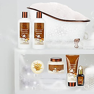 Spa Gift Baskets for Women, Coconut Vanilla Bath and Body Gift Set for Women with Essential Oil with Shower Gel, Bubble Bath, Body Lotion, Bath Bomb, Jojoba Oil, Birthday & Christmas Bubble Gifts for Women Mom Girlfriend.
