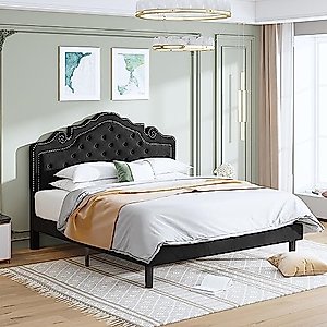 WEEWAY Queen Bed Frame with Velvet Tiara Curved Headboard and High Resilience, Upholstered Diamond Button Tufted Platform Bed with Wood Slats/No Box Spring Needed/Easy Assembly/Black