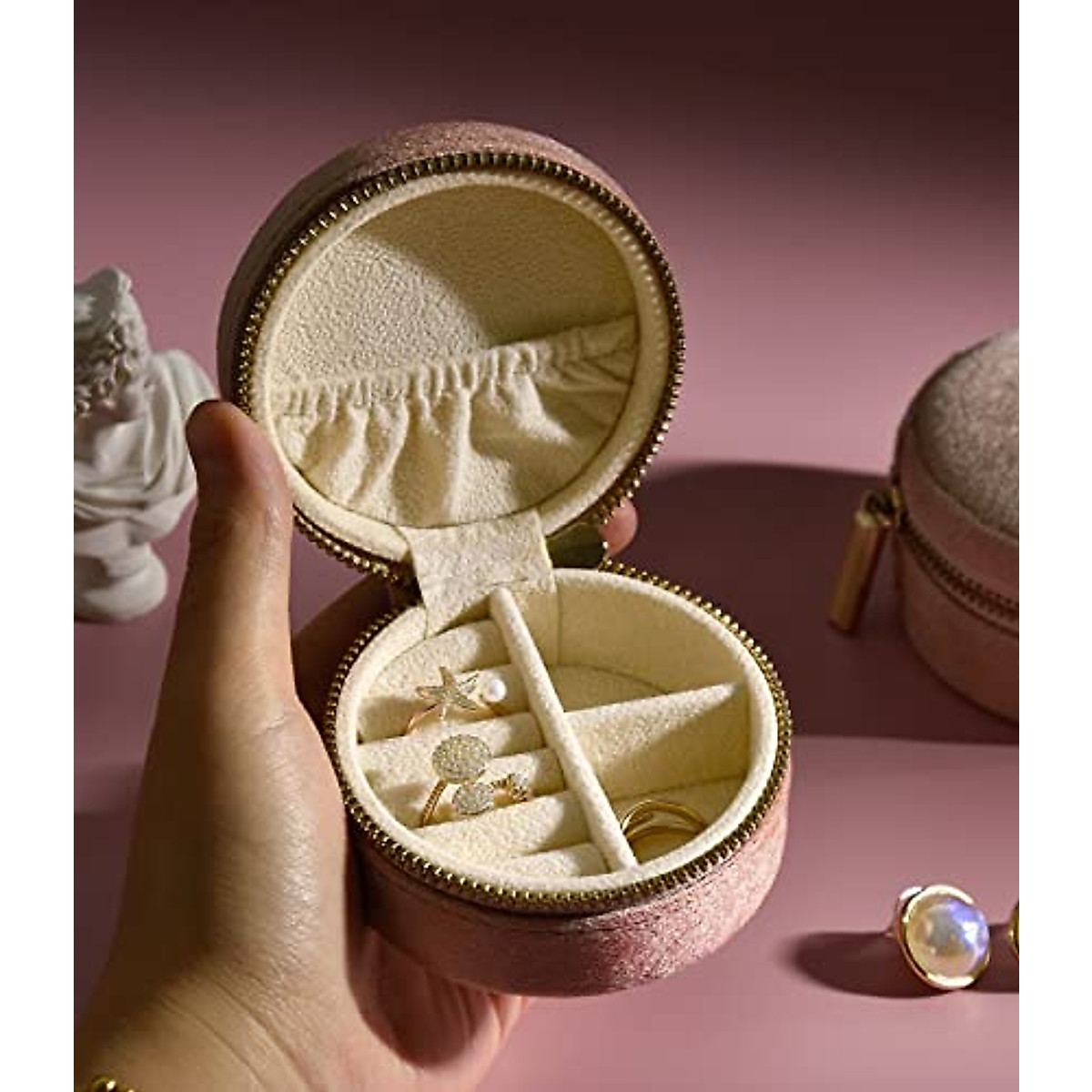 TAIMY Velvet Travel Jewelry Box, Round Small Travel Jewelry Case for Women Girls, Portable Mini Jewelry Travel Organizer Boxes for Rings Earrings Necklaces Bracelets(Blush Peach)