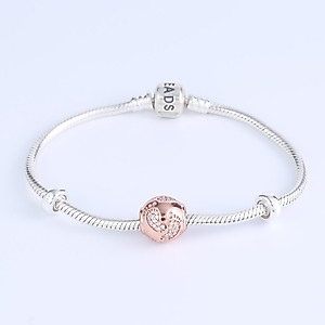 Rose Gold Baby Footprint Charm 925 Sterling Silver New Baby First Step Charms with Clear Cubic Zircon Round Bead Charms for Pandora European Charms Bracelet