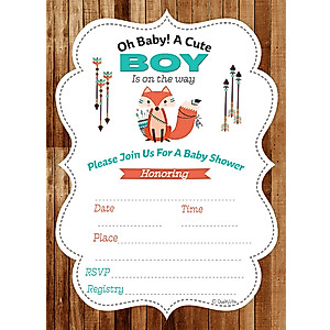 Baby Shower Invitations Woodland, Little Fox for Baby boy Shower. Set of 25 Full Color Invitations Include 25 envelopes. Quality & Heavy 14 pt. Paper Matte 5" x 7" with A7 White envelopes Included.