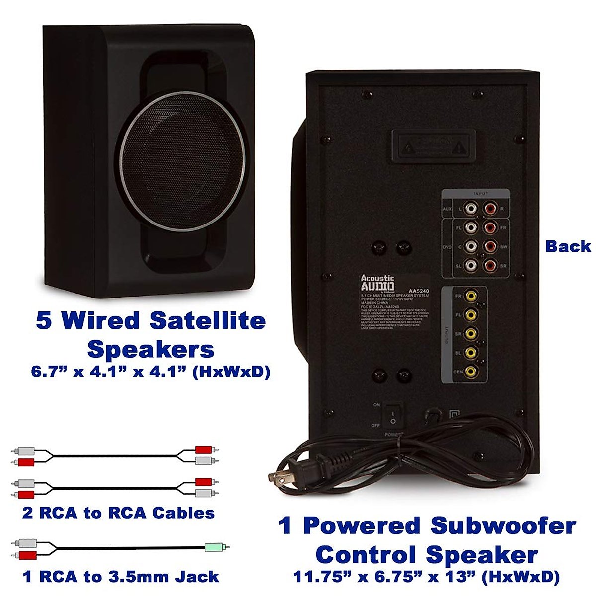 Acoustic Audio AA5240 Home Theater 5.1 Bluetooth Speaker System with Optical Input and 2 Extension Cables