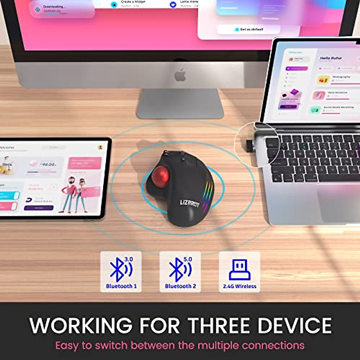 Wireless Trackball Mouse, Computer Ergonomic Mouse, Rechargeable Bluetooth Mouse, Easy Thumb Control,Precise and Smooth Tracking, 3 Device Connection(BT3.0/5.0 or USB) for PC, Laptop,iPad, Mac,Windows