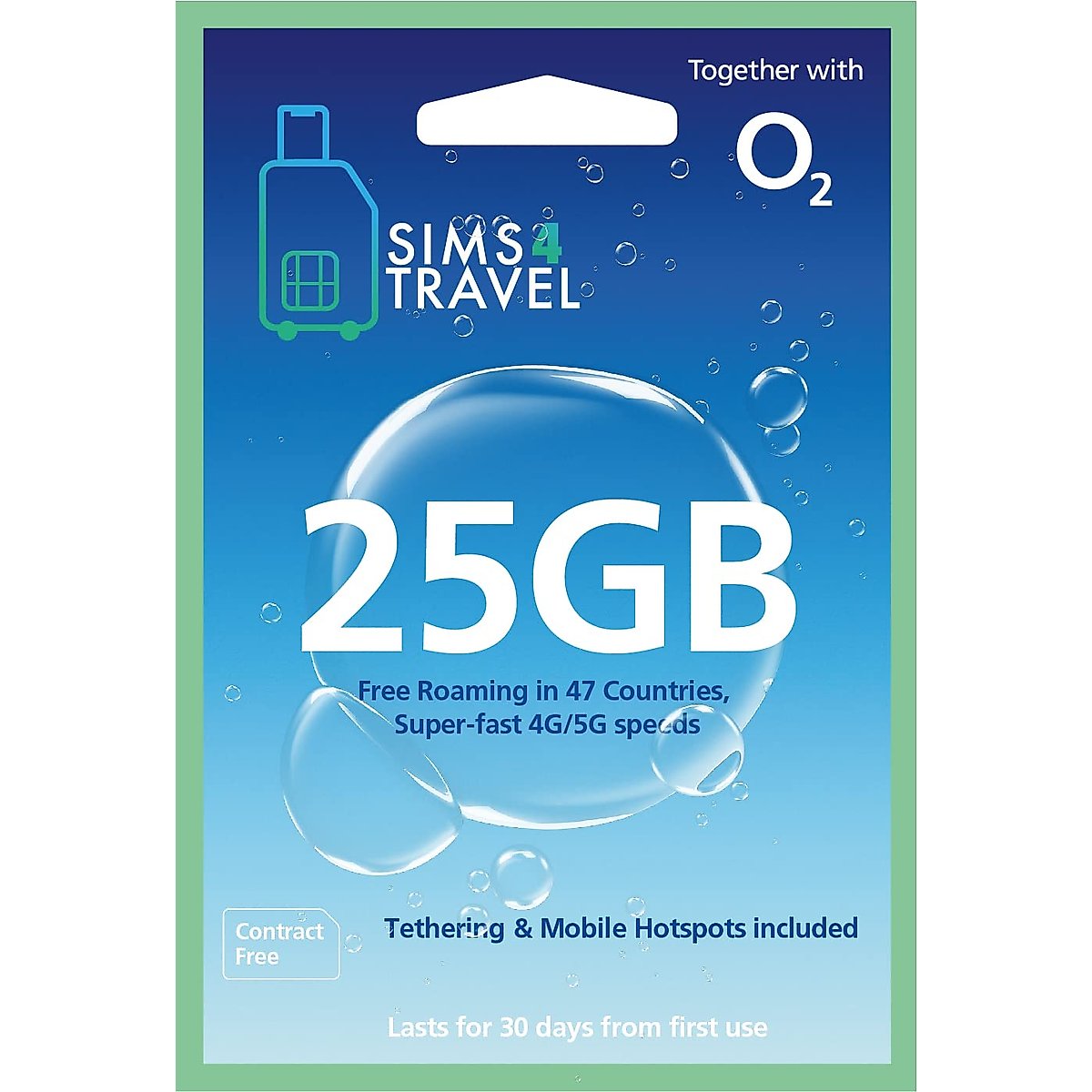 Sims4Travel Prepaid O2 SIM Card Pre-Loaded with 25GB of 4G/5G Data for use in 47 Countries Worldwide (Valid for 30 Days). No Commitments, No Checks, No Tie-ins and No Personal ID. Easy to Renew