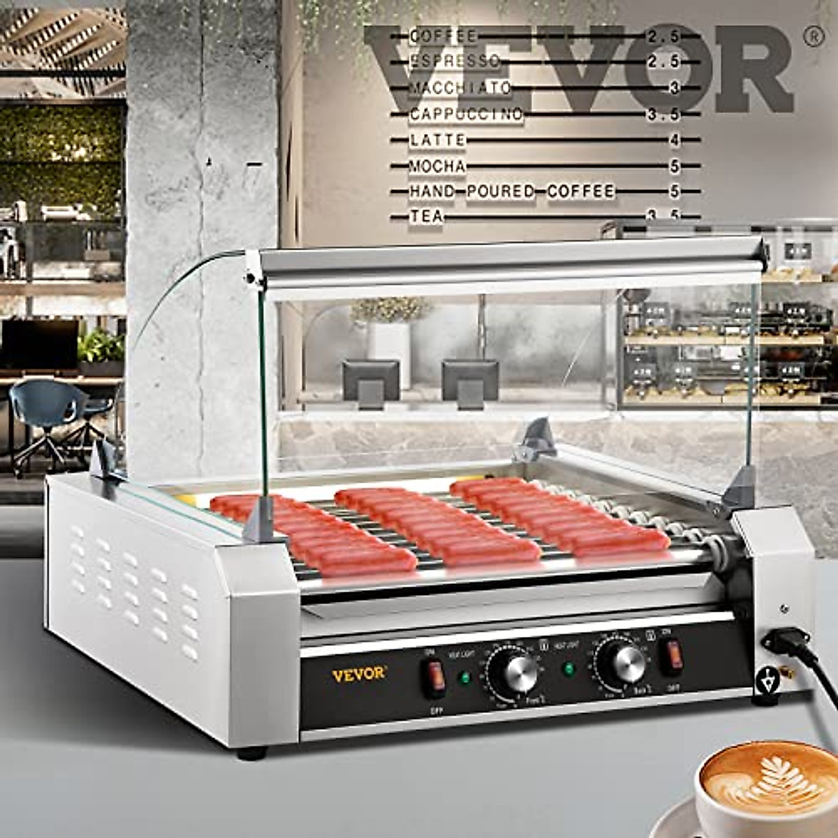VEVOR Hot Dog Roller, 30 Hot Dog Capacity 11 Rollers, 1800W Stainless Steel Cook Warmer Machine w/Cover & Dual Temp Control, LED Light & Detachable Drip Tray, Sausage Grill Cooker for Kitchen Canteen