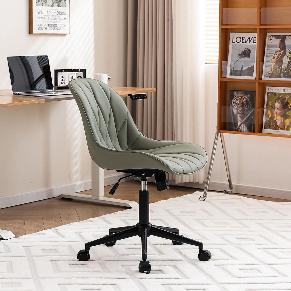 YOUNIKE Office Chair Desk Chair, Home Office Desk Chairs with Wheels, Armless Swivel Computer Chairs with Tilt Lever, Cute Small Upholstered Task Chairs for Compact Space, Olive Green