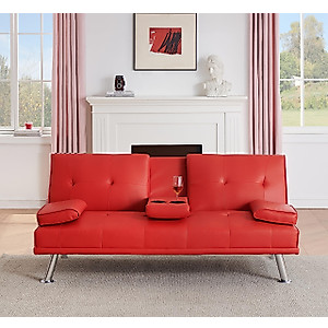 Anwick Modern Leather Futon Sofa Bed,Convertible Folding Couch Recliner Sleeper Loveseat for Small Space,Apartment,Office,Dorm,with Cup Holders and Removable Armrest (Red)