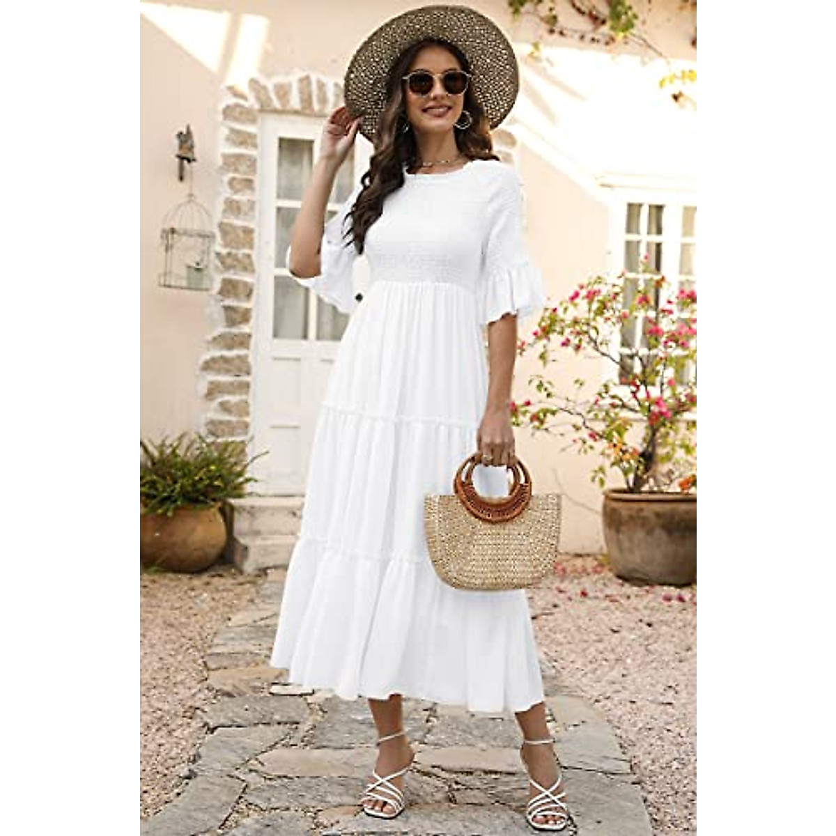 LILLUSORY Womens Summer Dresses Graduation Bridal Shower Flowy Smocked Ruffle Boho Modest 2023 Long Sundresses Trendy Casual Sun Dress with Sleeves White