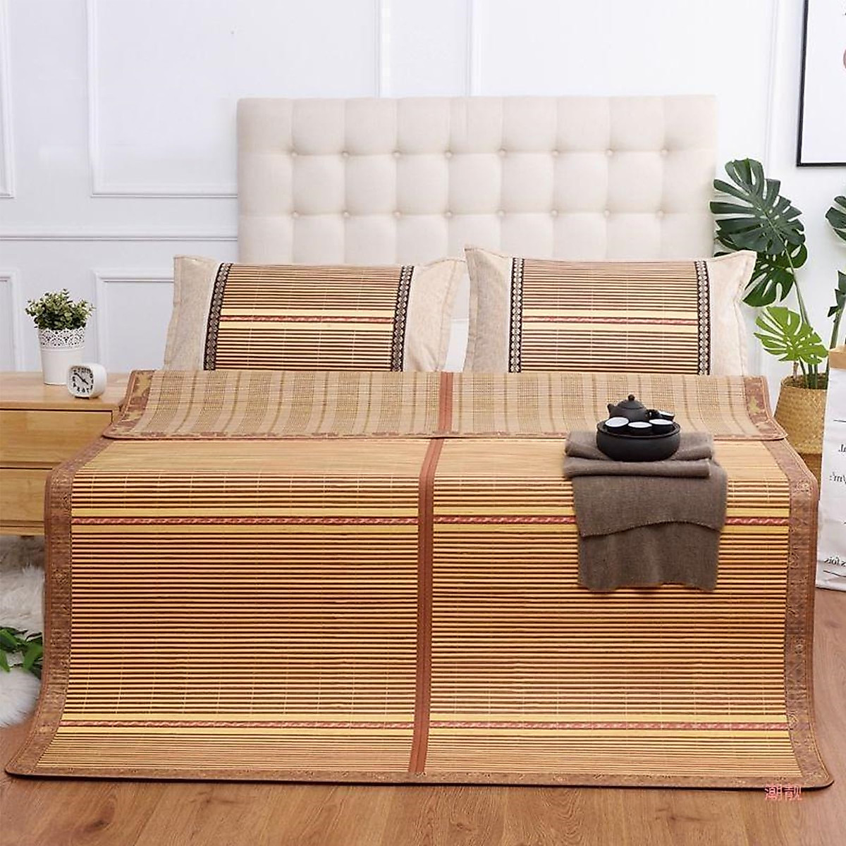 RILOOP Summer Bamboo Sleeping Mat, Bamboo Summer Sleeping Mat, Bamboo Rugs for Living Room, Rattan Mat, Double-Sided Use,Student Single Double Bed Foldable Refreshing Breathable Sweat Bedding/195*150C