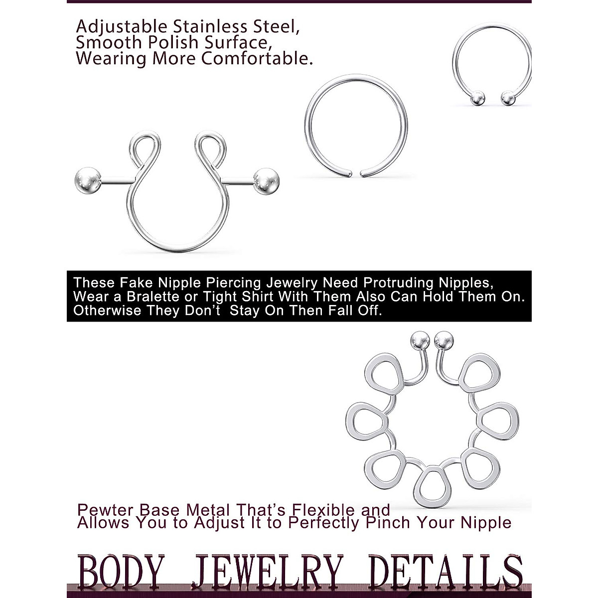 Jenxnjsjo Fake Nipple Rings, Fake Nipple Piercing, Faux Nipple Piercing, Nipple Rings Non Piercing, Non Piercing Nipple Rings, Fake Nipple Ring, Fake Nipple Piercings, Faux Nipple Rings for Women