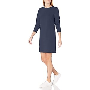Amazon Essentials Women's Crewneck Long-Sleeve Fleece Above-The-Knee Dress, Navy, Medium