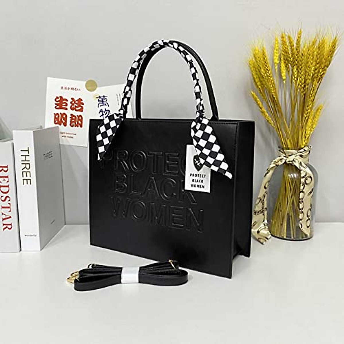 Protect Black Women Tote Bag Fashion Ladies PU Leather Top Handle Purse Handbag Satchel Shoulder Bag Crossbody (large black)