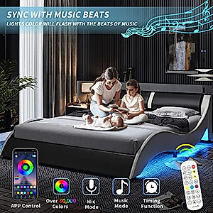Led Bed Frame Queen Size Modern Upholstered Platform Bed Frame with LED Lights Faux PU Leather Wave Like Low Profile Platform Bed Frame with Headboard, Wooden Slats, No Box Spring Needed, Black+White
