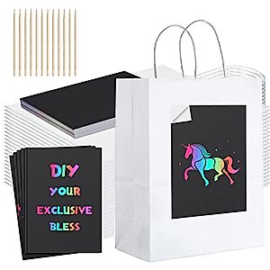 24 Pcs Paper Gift Bags with Scratch Paper Panel Sticker for Messages Medium Kraft Paper Bags with Handles Wedding Gift Bags Bulk DIY Party Gift Bag to Wrap Gifts (White)
