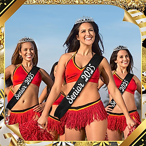 Landical Halloween Senior 2025 Sash and Crown Set Black Senior Sash with White Glitter Letters Silver Crown Tiaras Cheerleader 2025 Graduation Party Supplies for Halloween Gifts Grad Decor