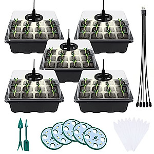 5 Pack Seed Starter Tray with Grow Light, Reusable Seedling Starter Kit with Air Vent Humidity Dome, 60-Cells Drain Hole Tray for Greenhouse Plant Seed Growing Germination Propagator (Black)