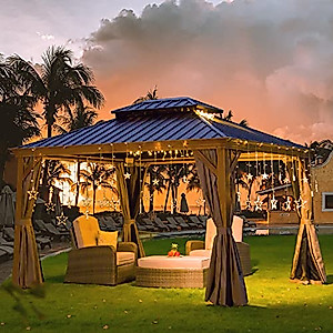 10' x 12' Hardtop Gazebo Outdoor Aluminum Wood Grain Gazebos with Galvanized Steel Double Canopy for Patios Deck Backyard,Curtains&Netting by domi outdoor living