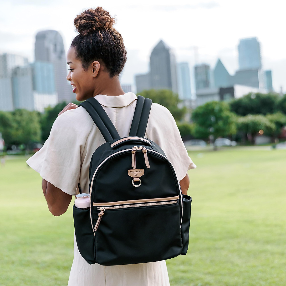 TWELVElittle Midi Go Diaperbag Backpack with Changing Pad, Diaper Bag Backpack for Moms or Dads with 13 pockets total in Black Tan