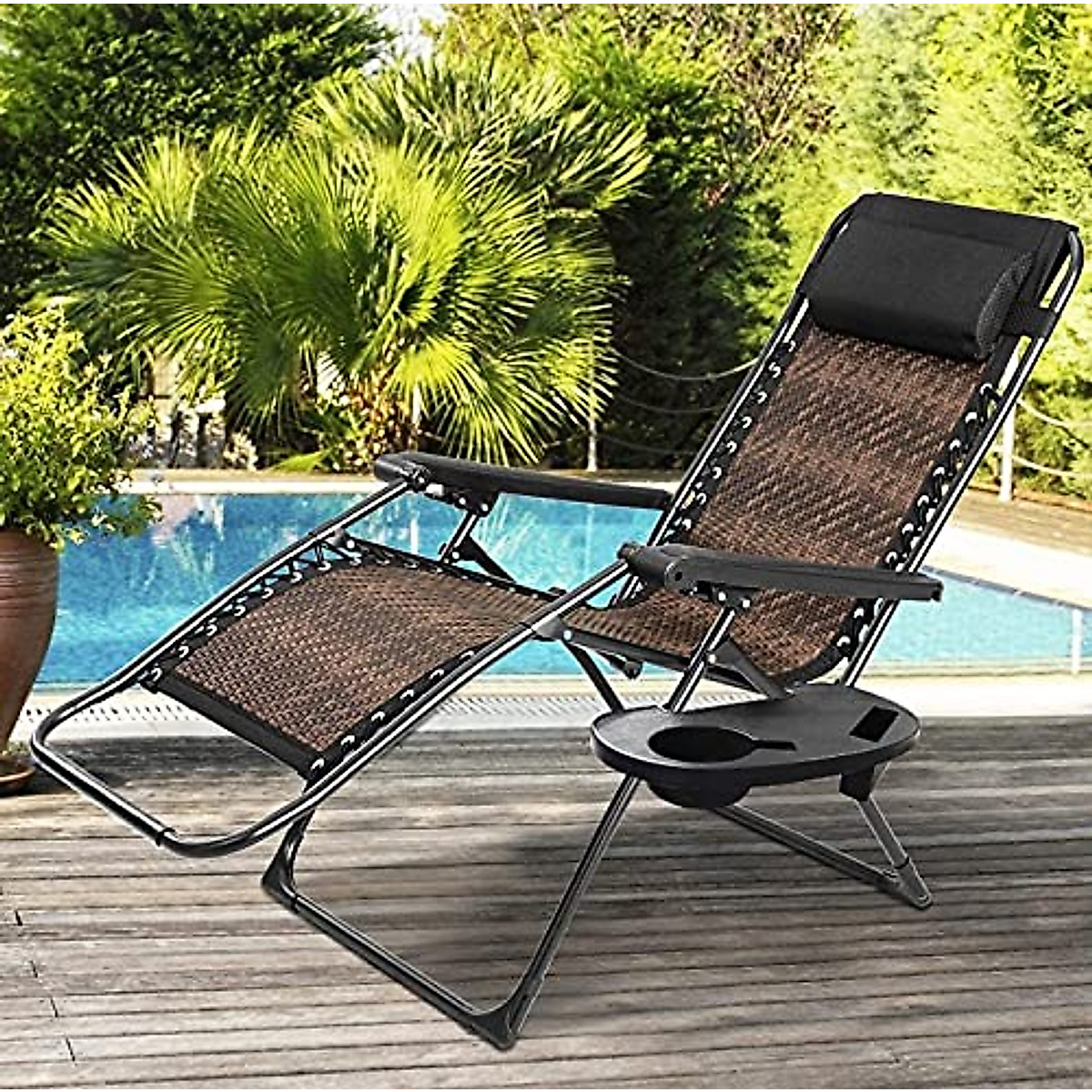 Incbruce Zero Gravity Folding Recliner Chair, Adjustable Patio Lounge Chaise, Outdoor Wicker Rattan Furniture with Cup Holder and Pillow for Poolside, Yard, Beach (Brown)
